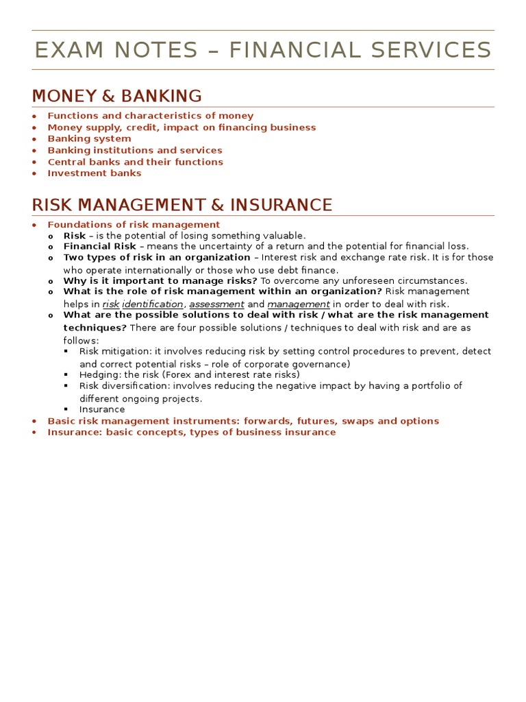 Exam Notes - Financial Services: Money & Banking | PDF