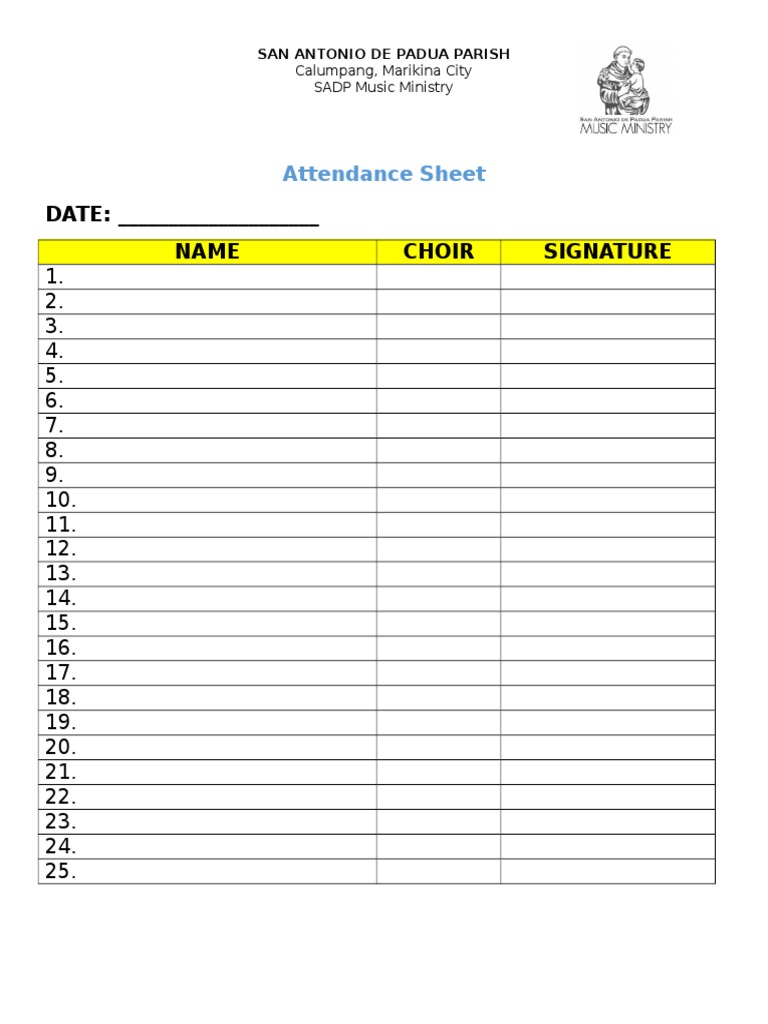 DATE: - Name Choir Signature: Attendance Sheet | PDF | Social Science