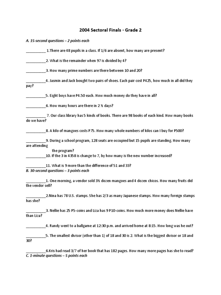 2004 Metrobank-MTAP-DepEd Math Challenge Sectoral Finals Grade 2 | PDF