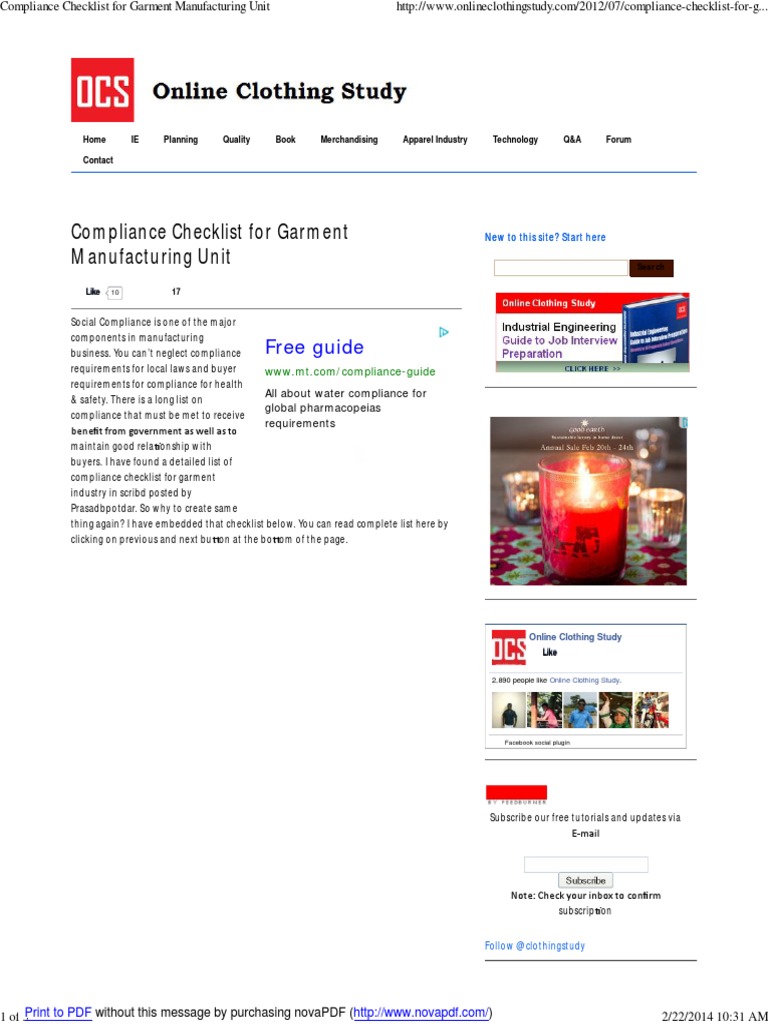 1compliance Checklist For Garment Manufacturing Unit | PDF | Clothing ...