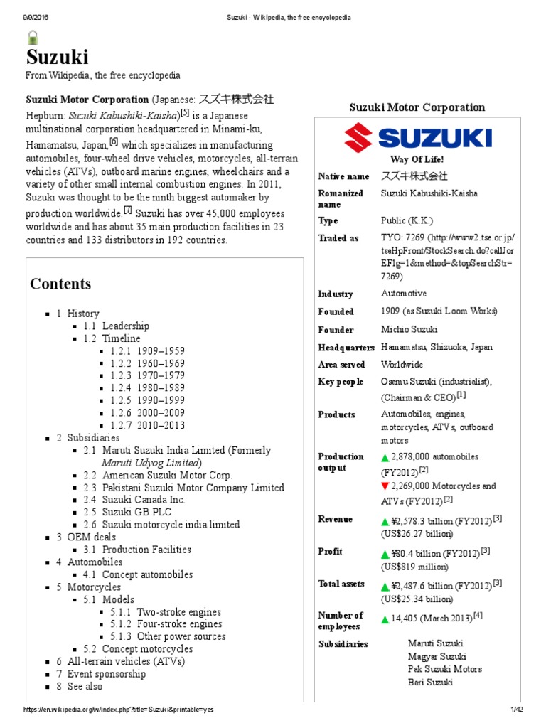 Suzuki - Wikipedia, The Free Encyclopedia | PDF | Motor Vehicle ...