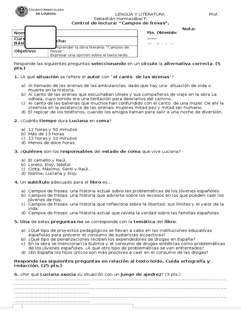 Control de Lectura Campos de Fresas | PDF | Sirena
