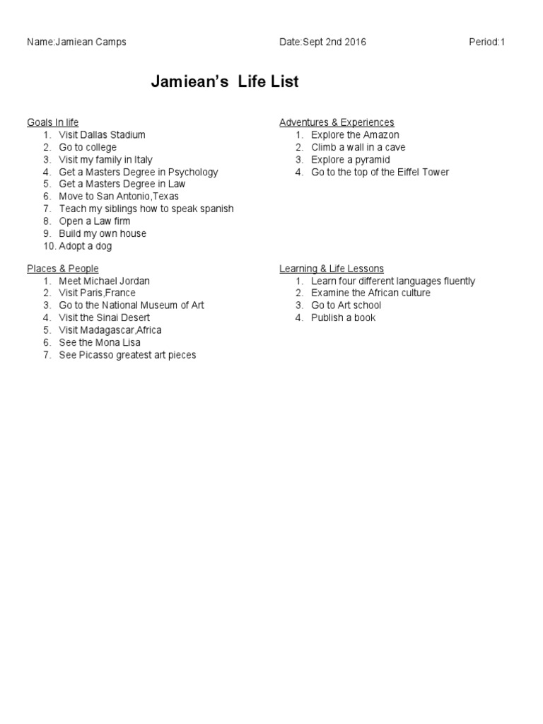Jamiean's Life Goals and Adventures | PDF