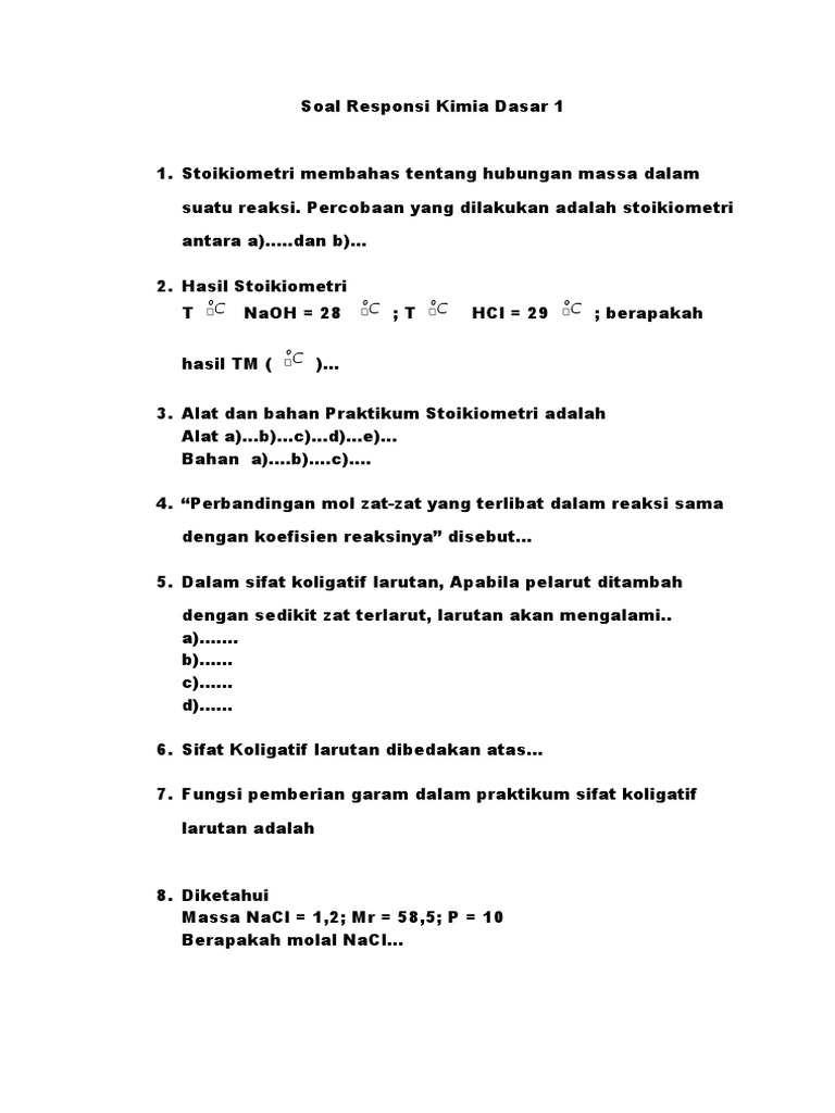 Soal Responsi Kimia Dasar 1 | PDF