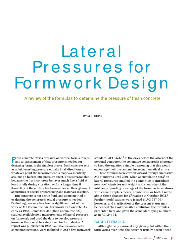 Lateral Pressures For Formwork Design: A Review of The Formulas To ...