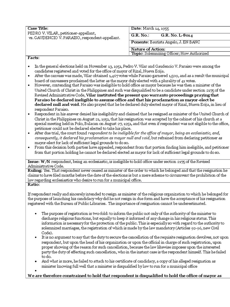 Solemnizing Officer Eligibility Case | PDF | Marriage | Government