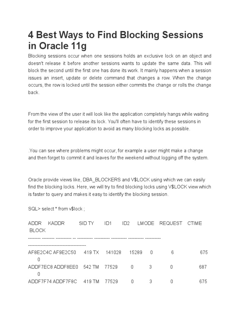 4 Best Ways To Find Blocking Sessions in Oracle 11g | PDF | Oracle Database | Computer Data