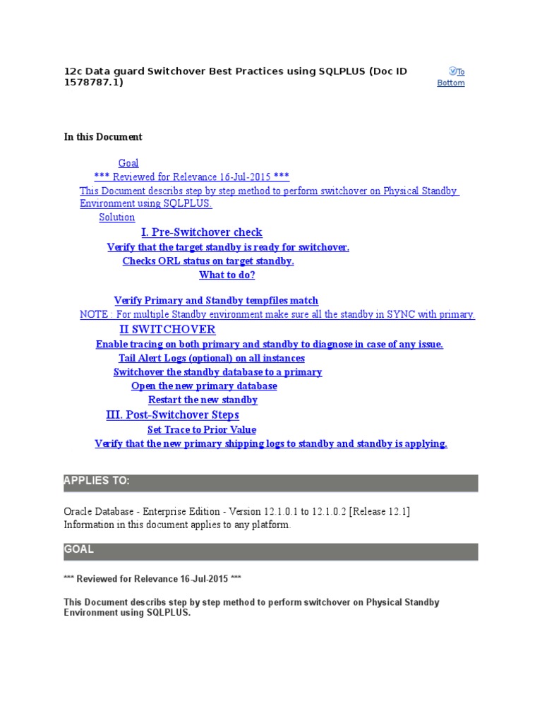 12c Data Guard Switchover Best Practices Using SQLPLUS | PDF | Databases | Information Technology