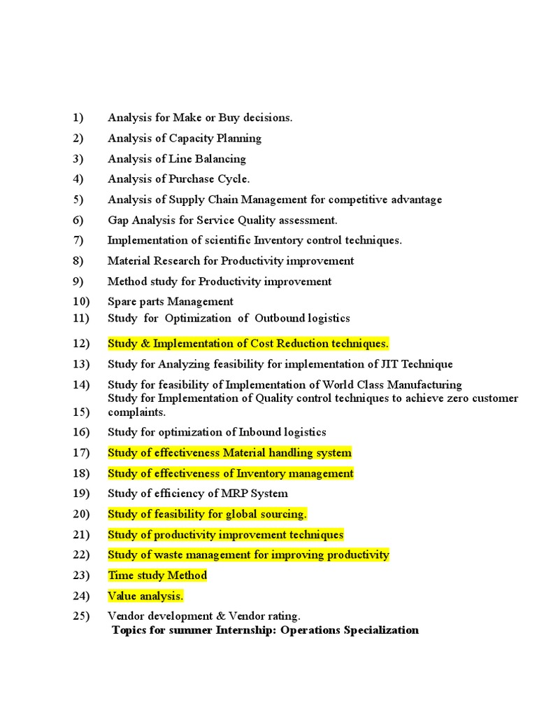 Operations Management Internship Topics | PDF