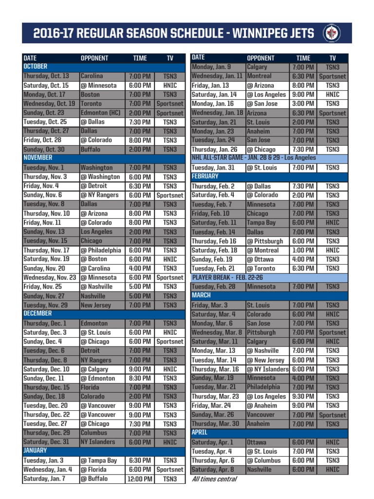 2016-17 Jets Regular Season Schedule - Full | PDF | Detroit Red Wings ...