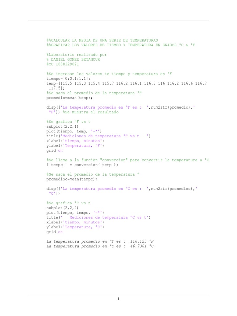Promedio Temperatura Matlab | PDF