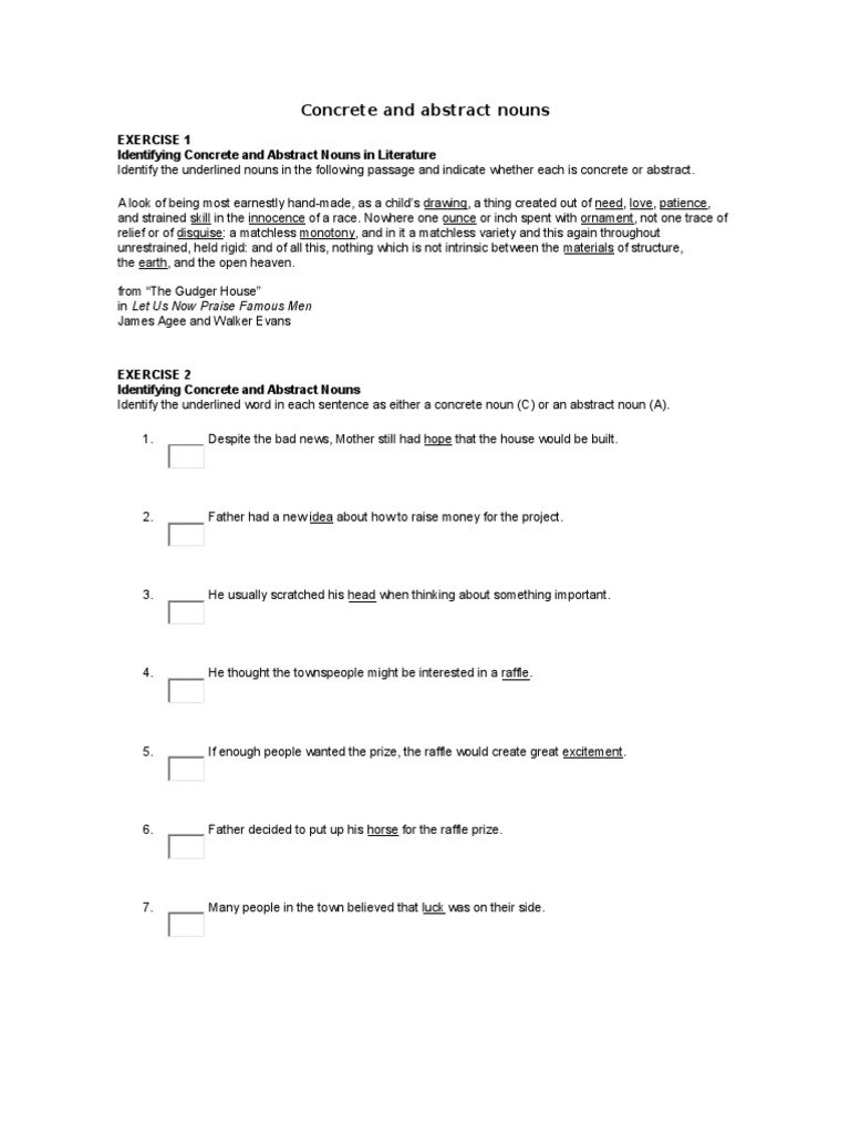 Concrete and Abstract Nouns Worksheet | PDF | Cognitive Science
