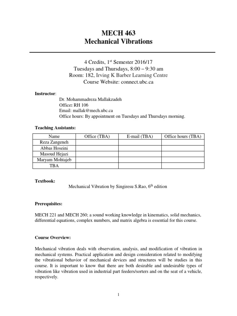 MECH 463 UBC Outline 2016 | PDF | Mathematical Analysis | Mechanics