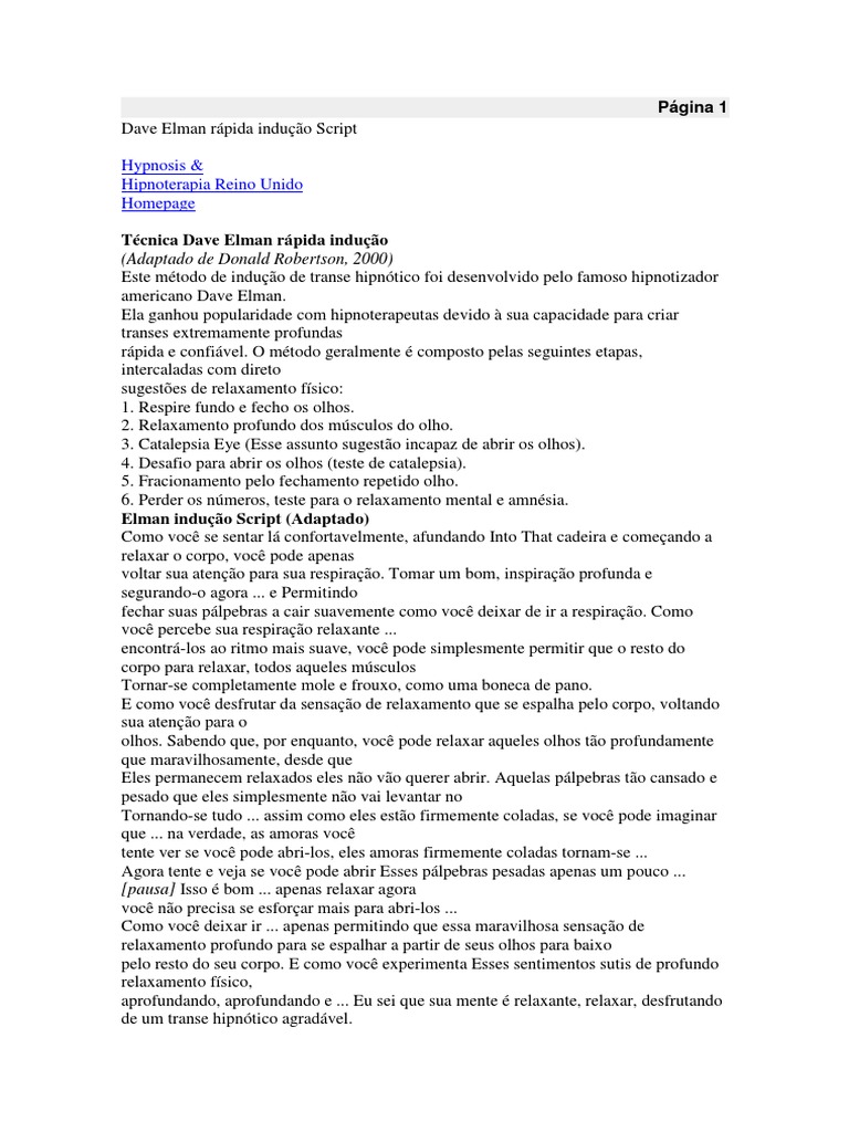 Hypnosis - Dave Elman - Rapid Induction Script | PDF | Hipnose ...