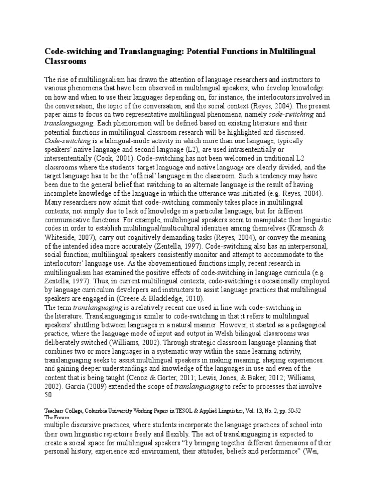 Code-Switching and Translanguaging: Potential Functions in Multilingual ...