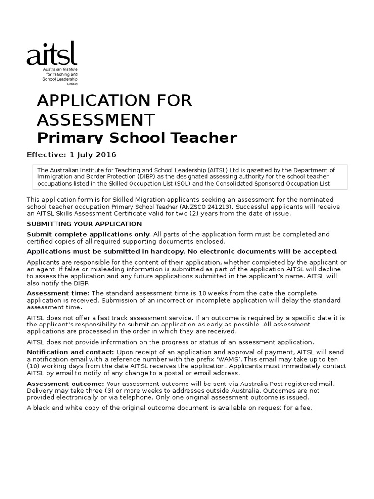 AITSL Assessment for Primary Teachers | PDF | International English ...