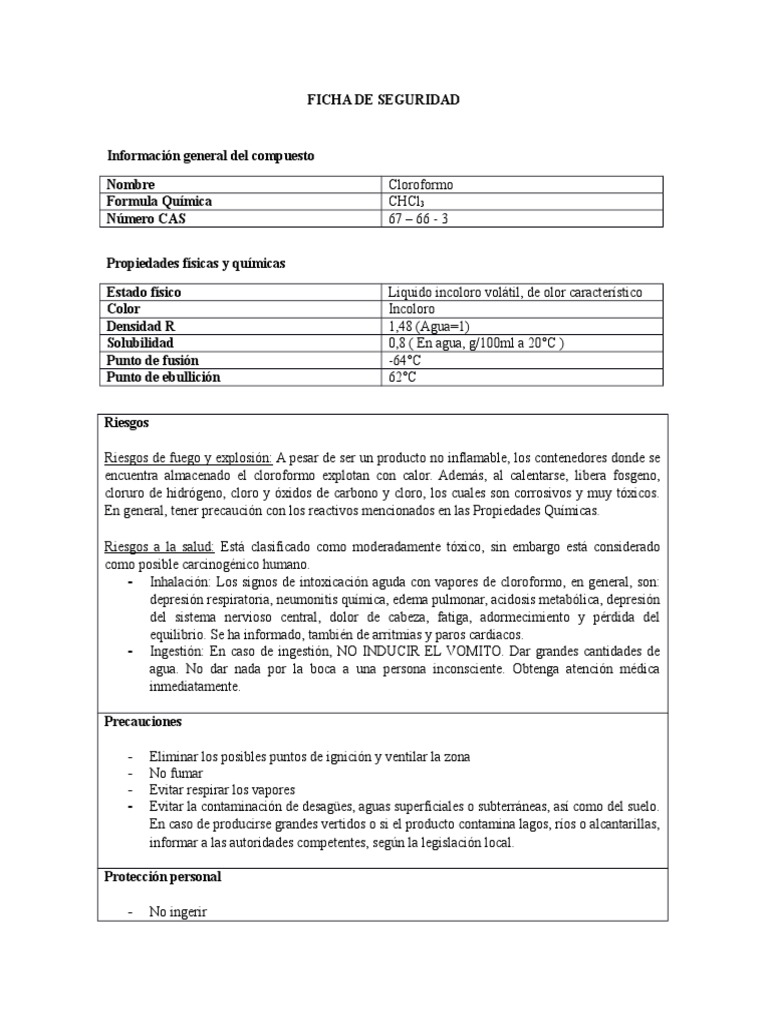 Ficha de Seguridad - Cloroformo | PDF | Cloroformo | Agua