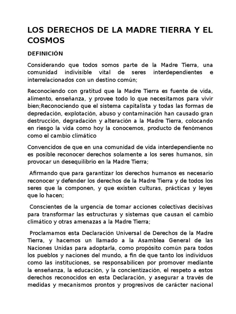 Los Derechos de La Madre Tierra y El Cosmos