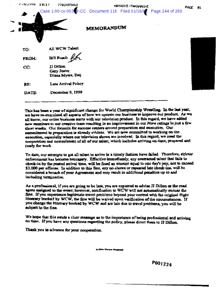 116-X Bill Busch Late Arrival Memo 12-09-99 | PDF