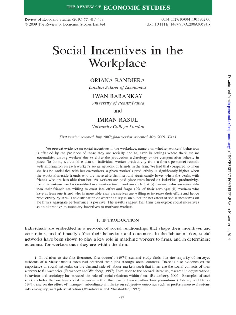 Social Incentives in The Workplace | PDF | Incentive | Correlation And ...