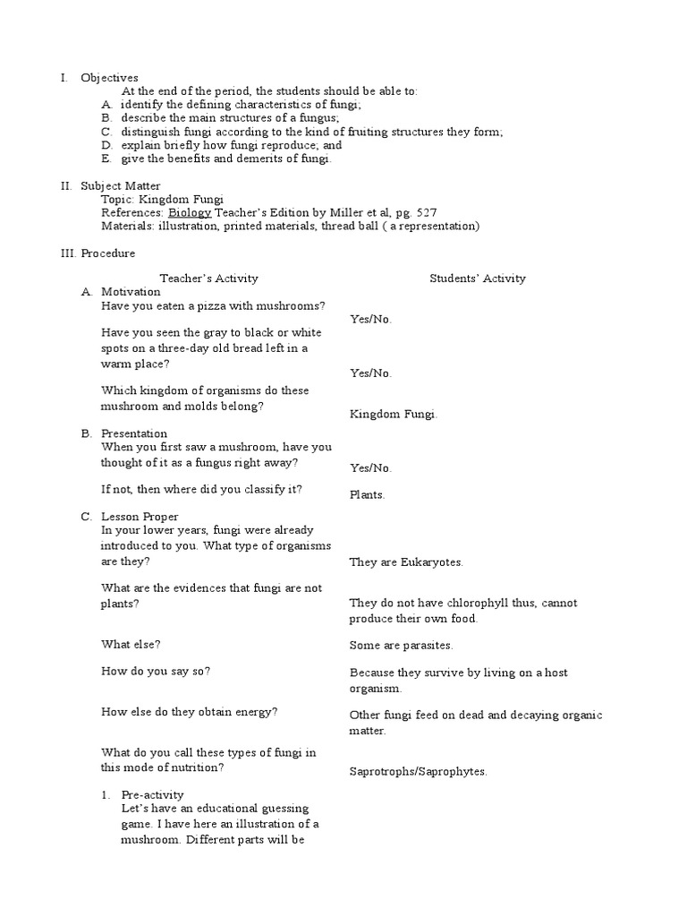 Lesson Plan 7 Fungi | Download Free PDF | Mushroom | Fungus