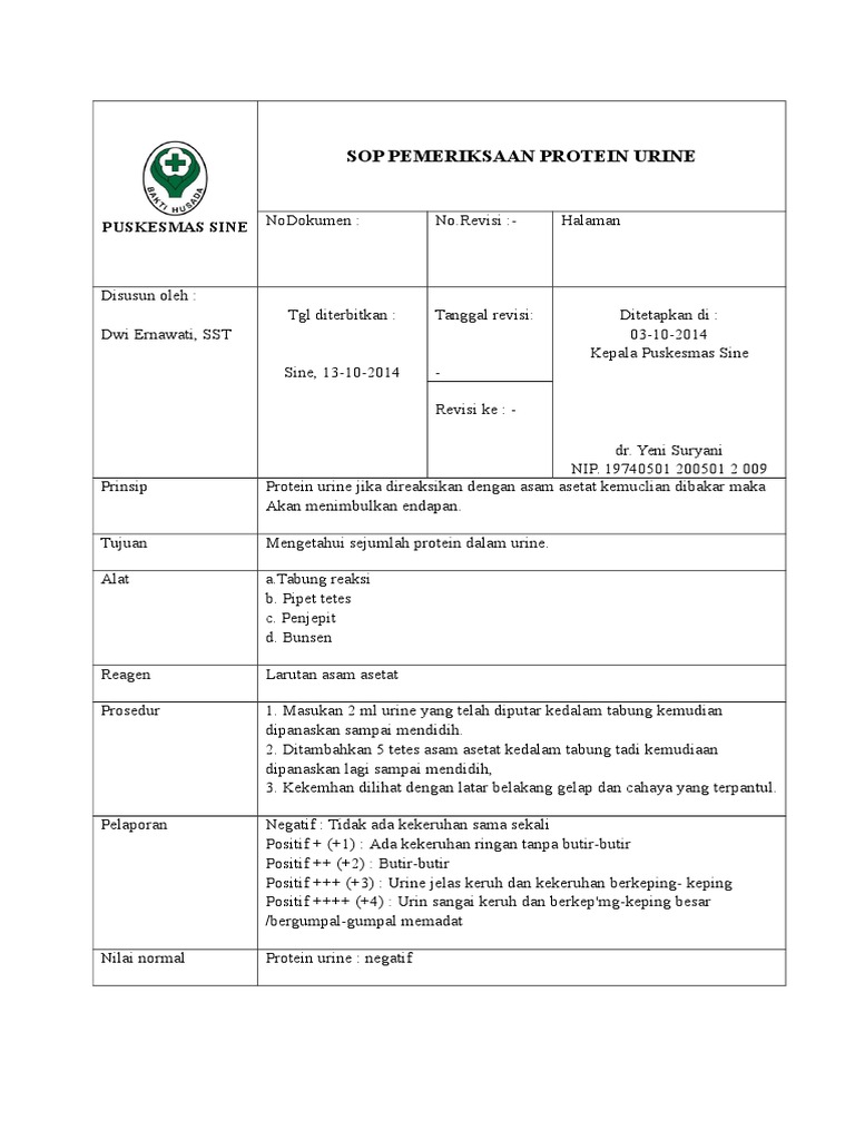 Sop Pemeriksaan Protein Urine | PDF
