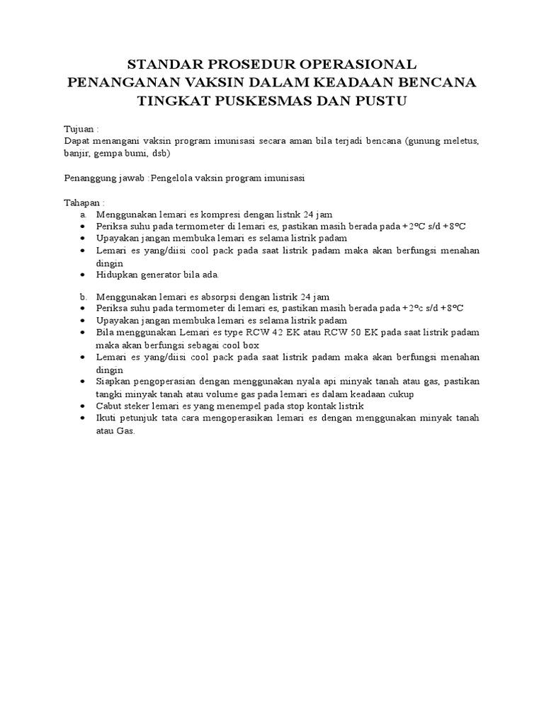Sop Penanganan Vaksin Dalam Keadaan Bencana Tingkat Puskesmas Dan Pustu ...