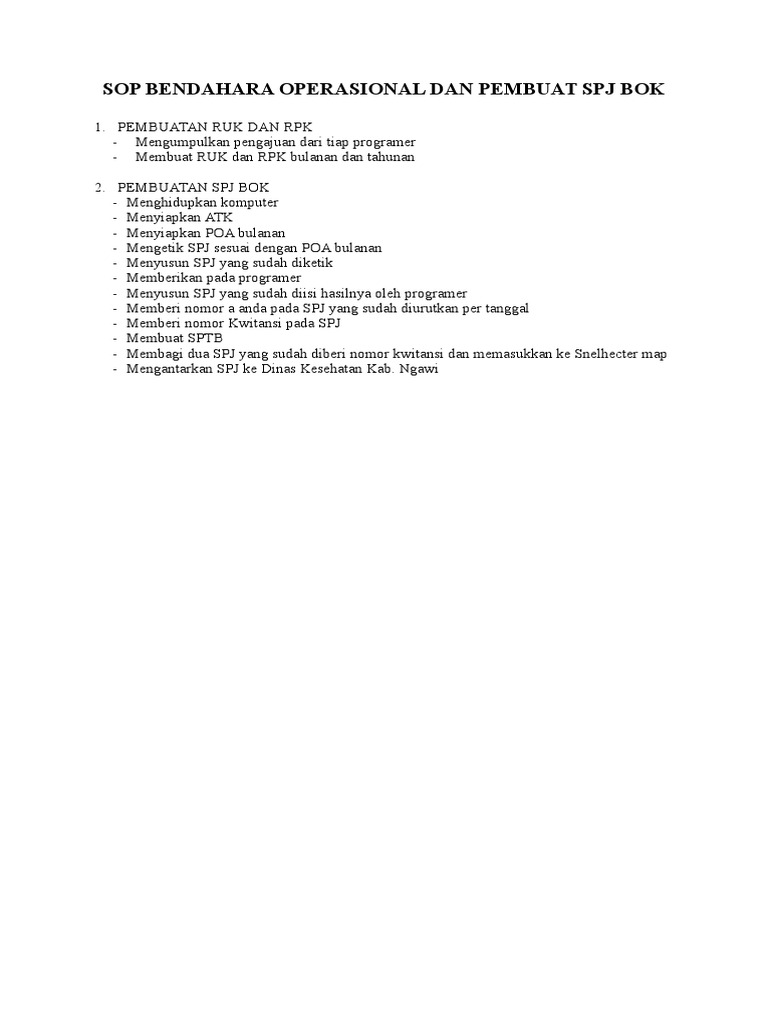 Sop Bendahara Operasional Dan Pembuat SPJ Bok | PDF