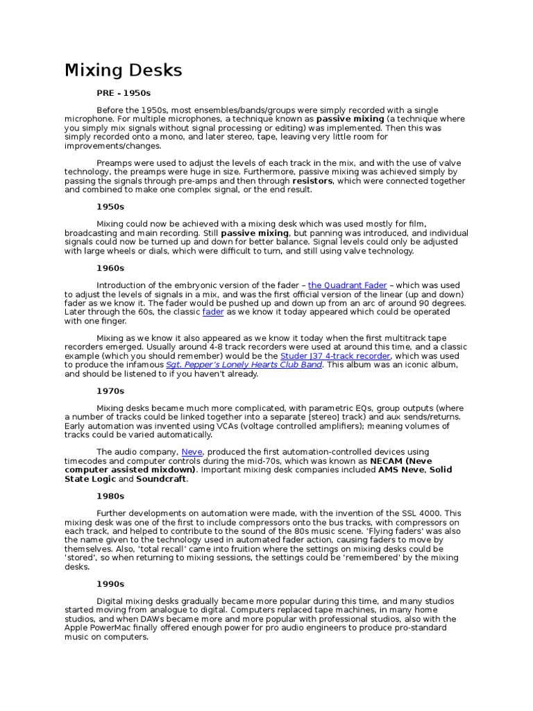 Mixing Desks NOTES (Music Technology Edexcel) | PDF | Sound | Signal ...