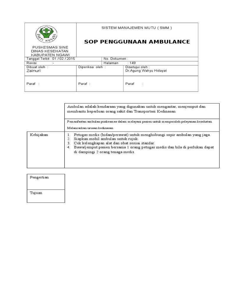 Sistem Manajemen Mutu (SMM) Sop Penggunaan Ambulance | PDF