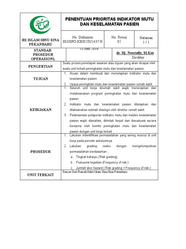 SPO Penentuan Prioritas Indikator Mutu Dan Keselamatan Pasien Terbaru | PDF