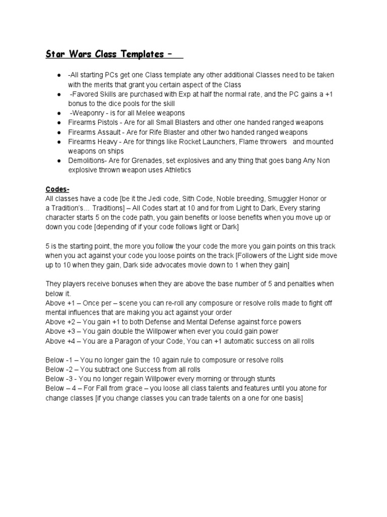 Star War's Class Templates - ST System | PDF | Jedi | The Force (Star Wars)