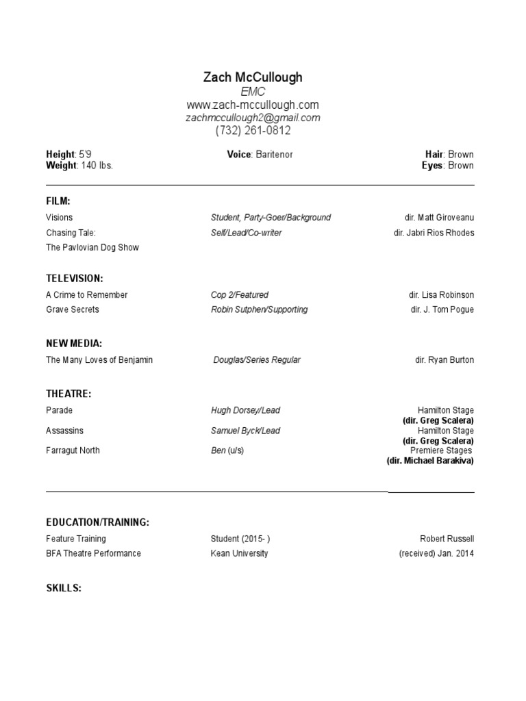 Zach Mccullough - Resume 9 9 16 | PDF | Entertainment | Performing Arts