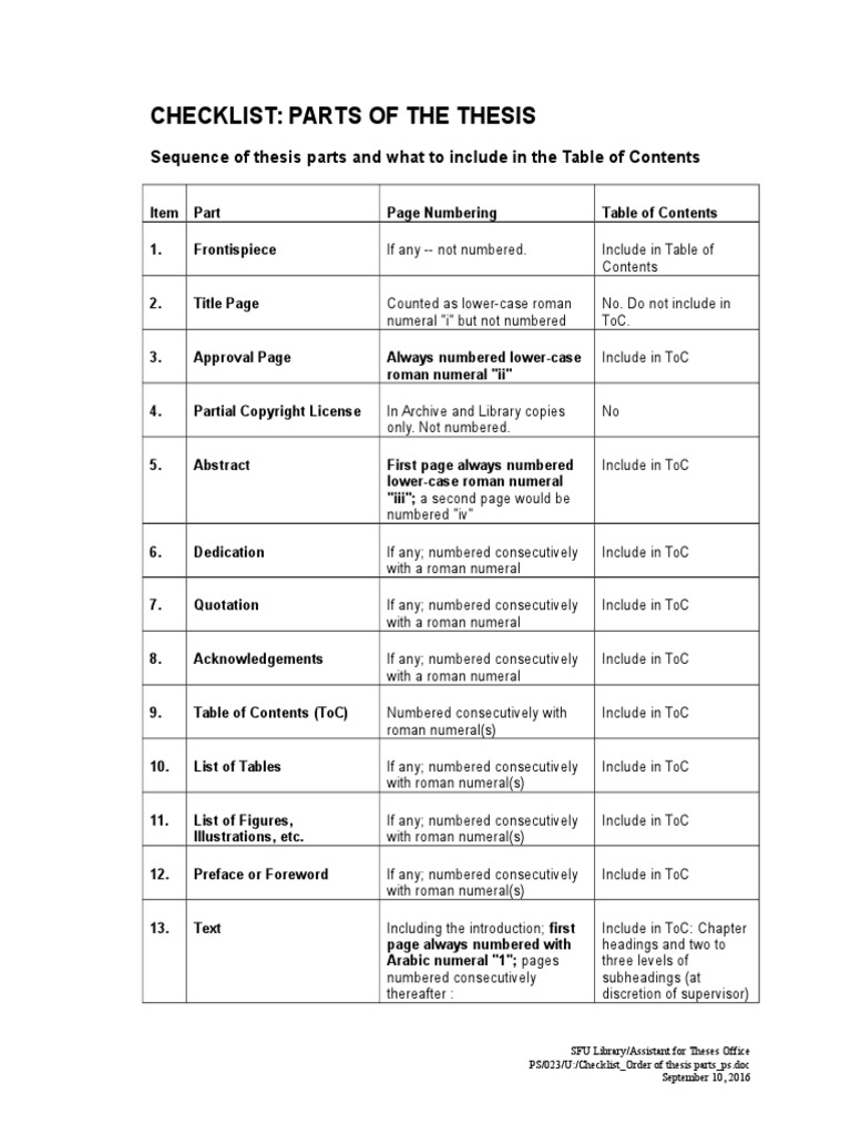 Checklist - Order of Thesis Parts - Ps | PDF
