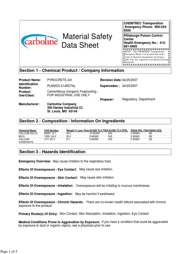 Pyrocrete 241 MSDS | Dangerous Goods | Chemistry