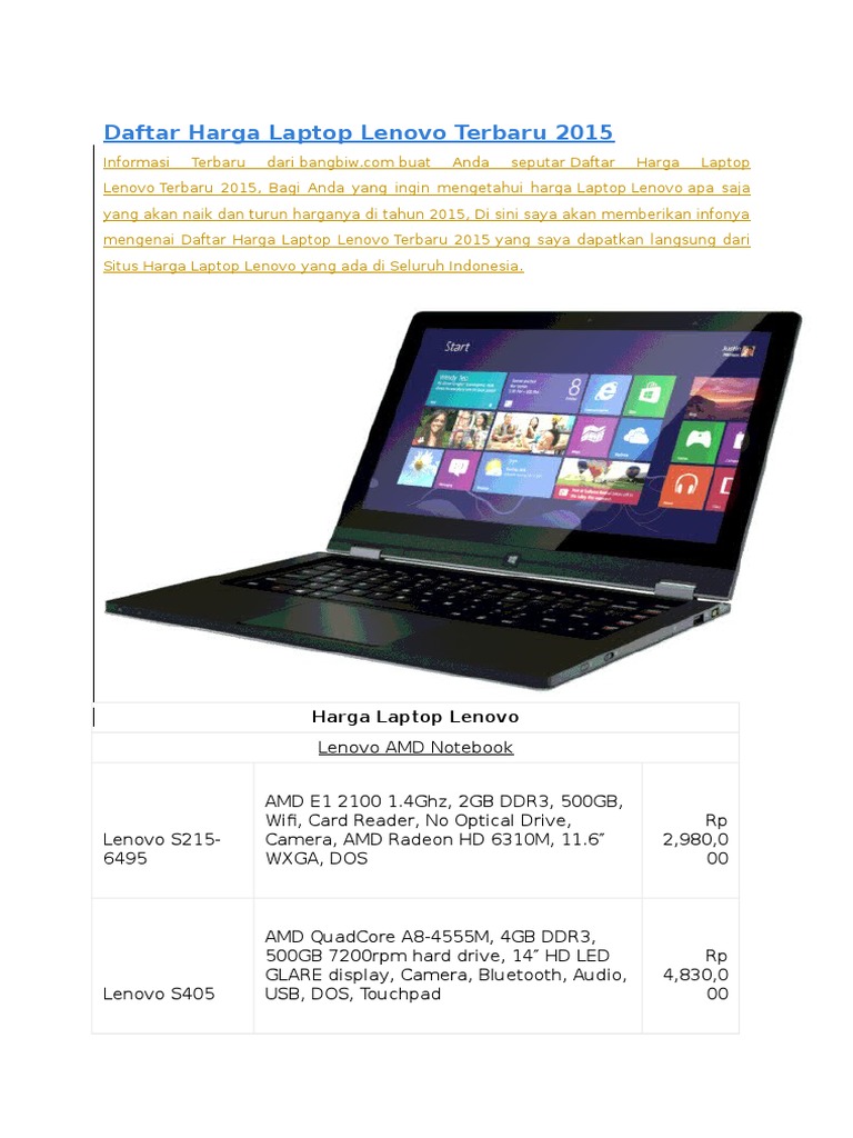 Daftar Harga Laptop Lenovo Terbaru 2015 | PDF