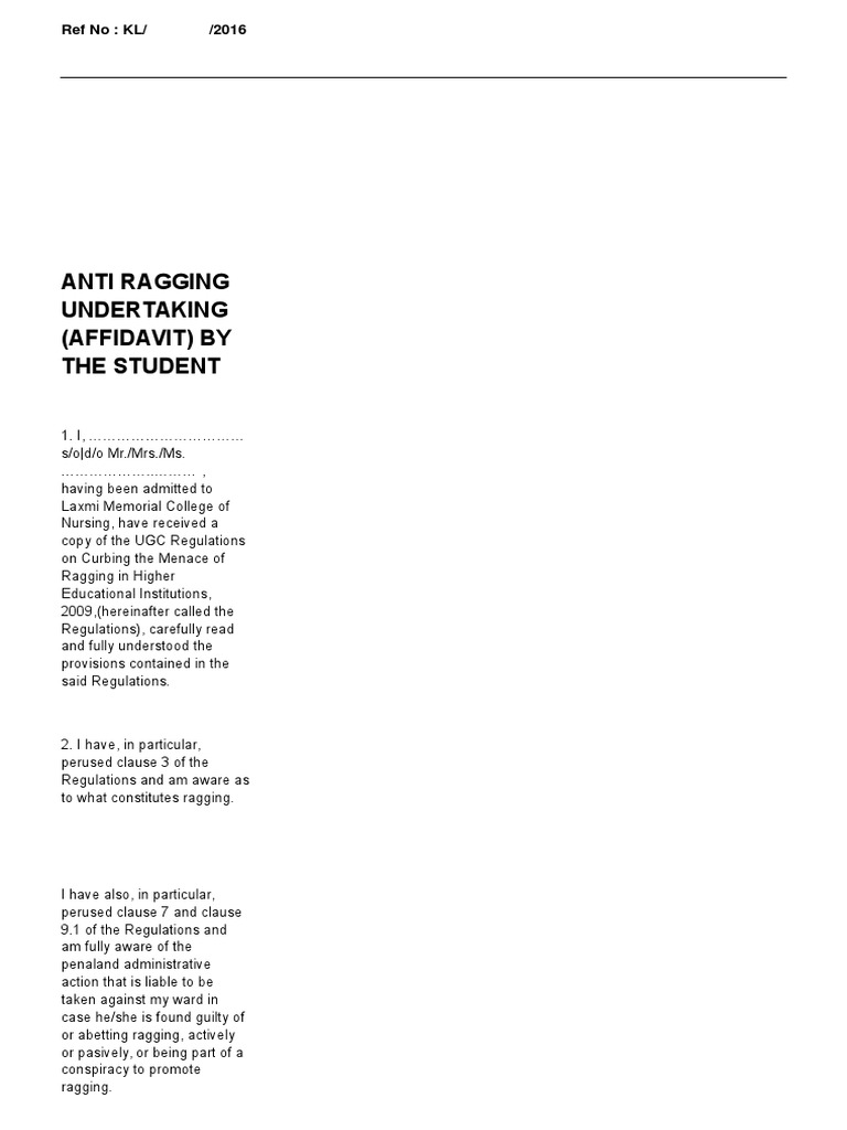 Anti Ragging Undertaking (Affidavit) by The Student | PDF