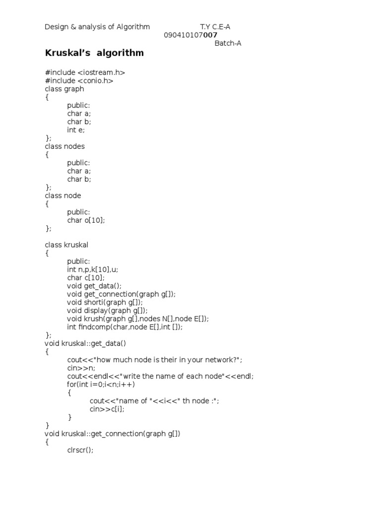 Implementation of Kruskal's Algorithm for Finding Minimum Spanning Trees in Graphs | PDF ...