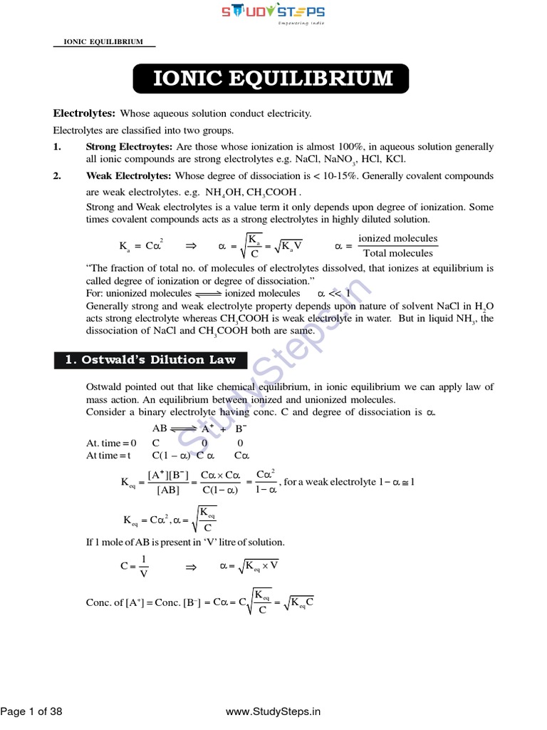 Ionic Equilibrium Notes | Ph | Acid Dissociation Constant