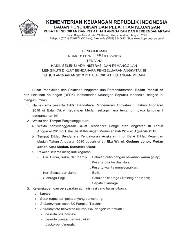 PENG-353.PP3.2016 - Pemanggilan Peserta Diklat Bendahara Pengeluaran Di BDK Medan | PDF | Bisnis
