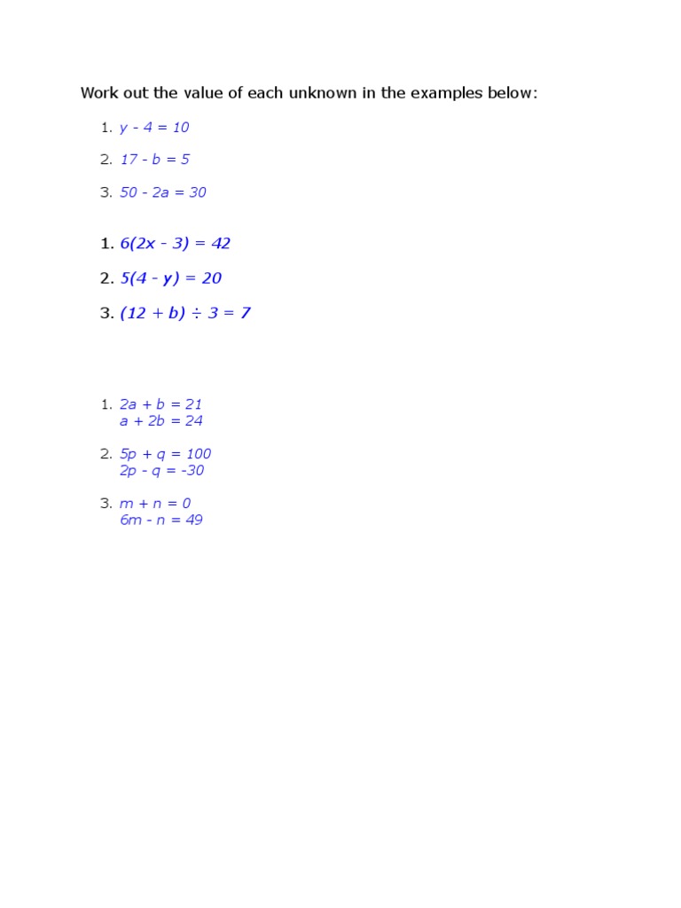 Work Out The Value of Each Unknown in The Examples Below | PDF