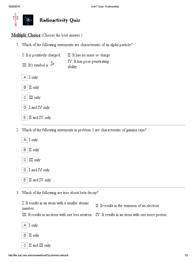 Unit 7 Quiz Radioactivity | PDF