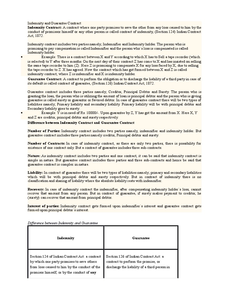 Analysis of the Key Differences Between Indemnity Contracts and Guarantee Contracts | PDF ...