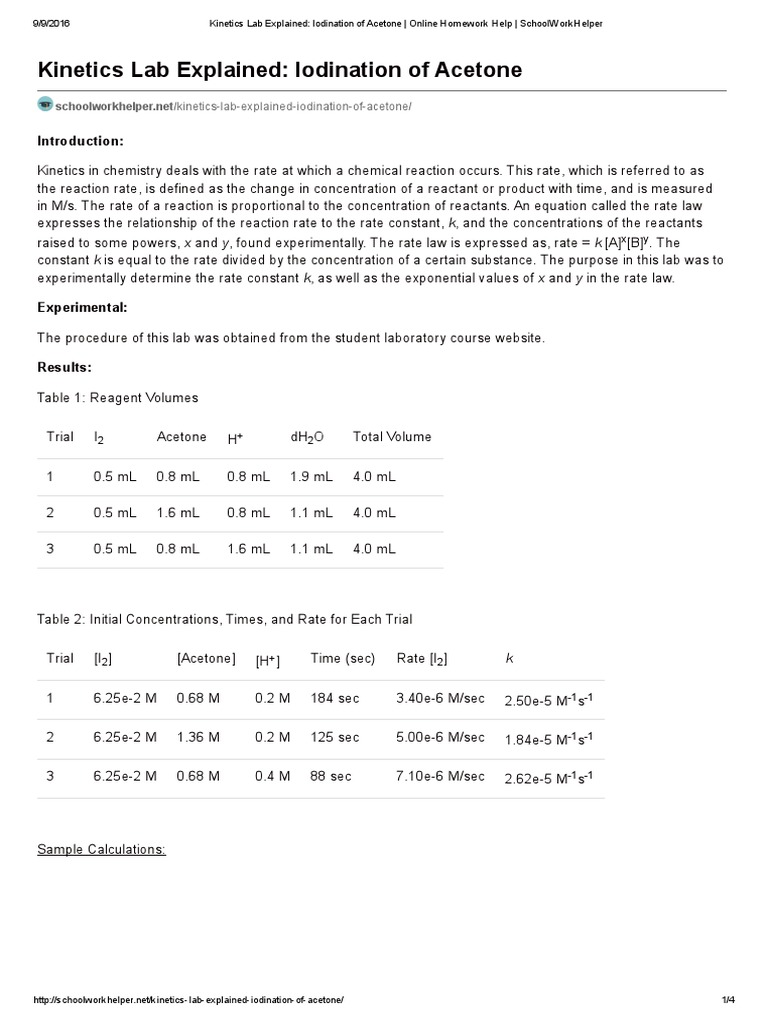 Kinetics Lab Explained - Iodination of Acetone - Online Homework Help - SchoolWorkHelper PDF ...