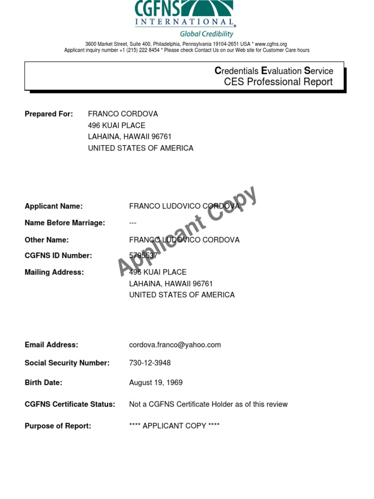 Applicant Copy: CES Professional Report | PDF | Licensure | Nursing