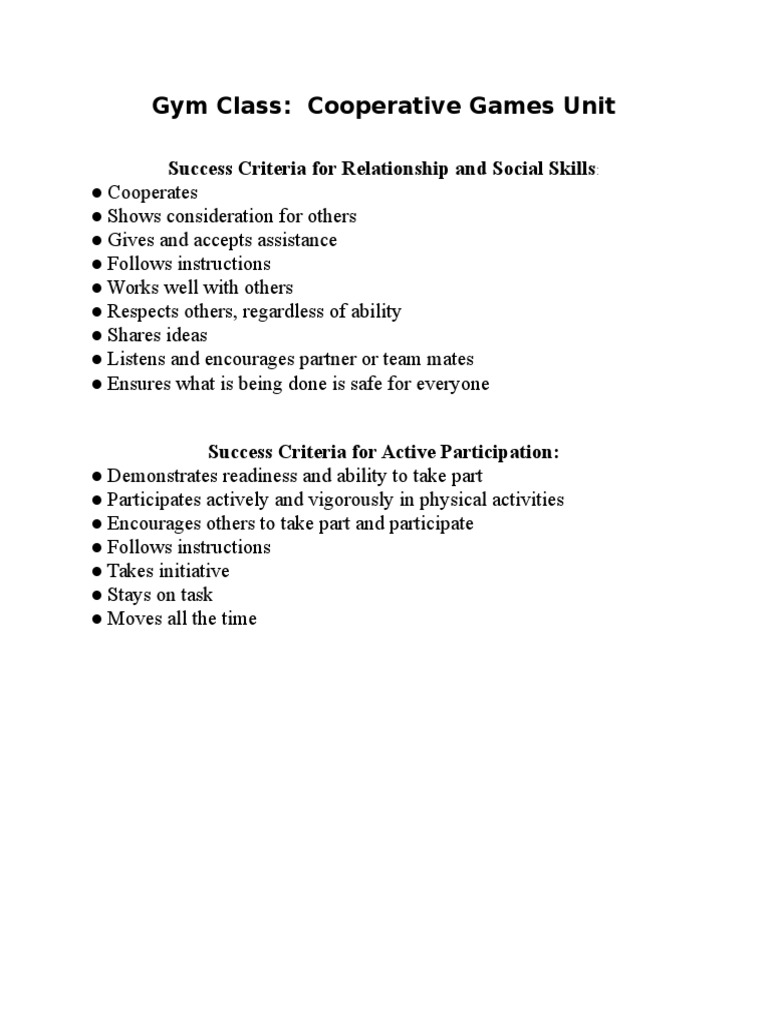 Gym Class: Cooperative Games Unit: Success Criteria For Relationship ...