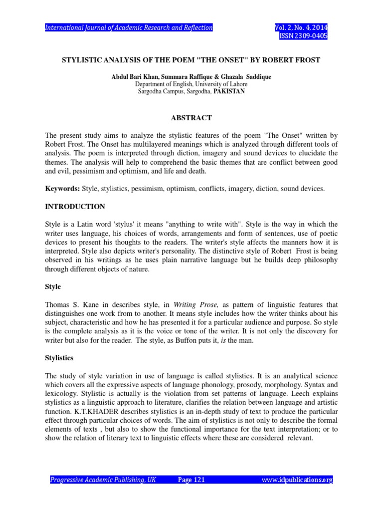 Stylistic Analysis of The Poem The Onset by Robert Frost PDF | PDF | Poetry | Rhyme