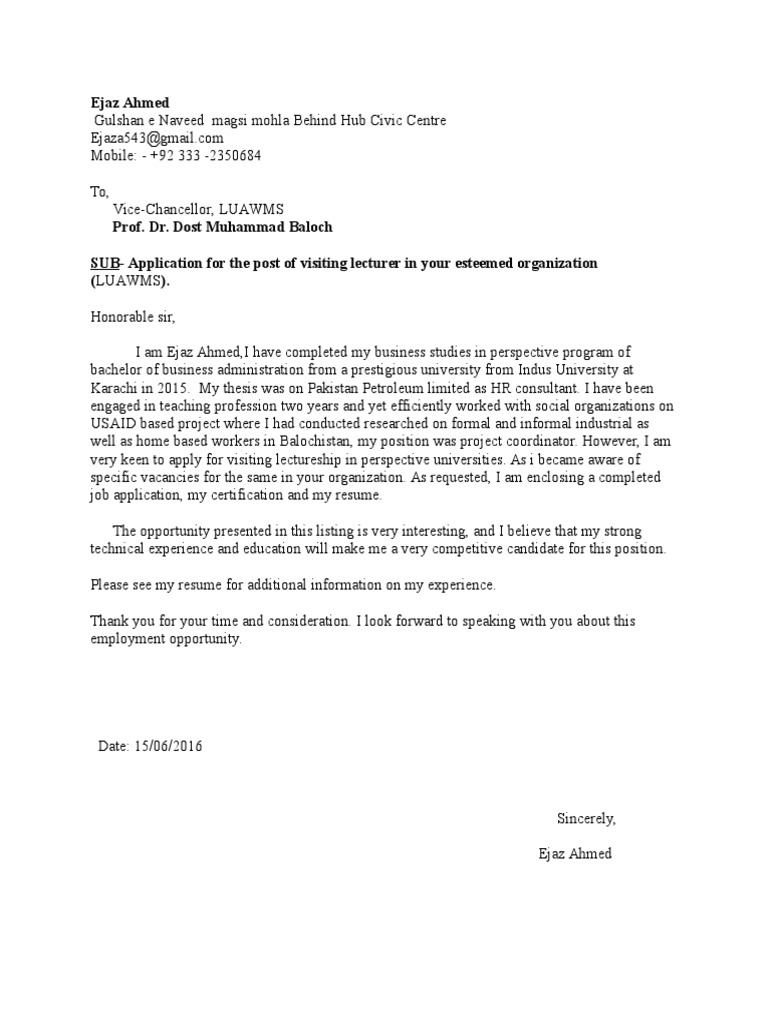 Application Letter Lecturer | PDF