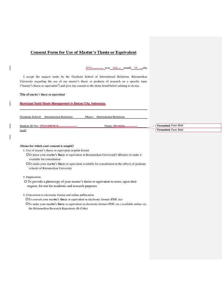 Consent Form For Use of Master's Thesis or Equivalent: Year Month Day | PDF