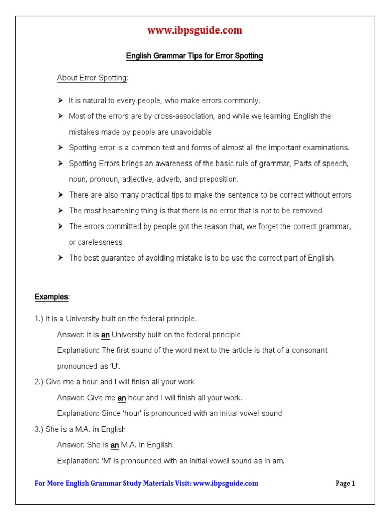 English Grammar Error Spotting Tips | PDF | English Grammar | English ...